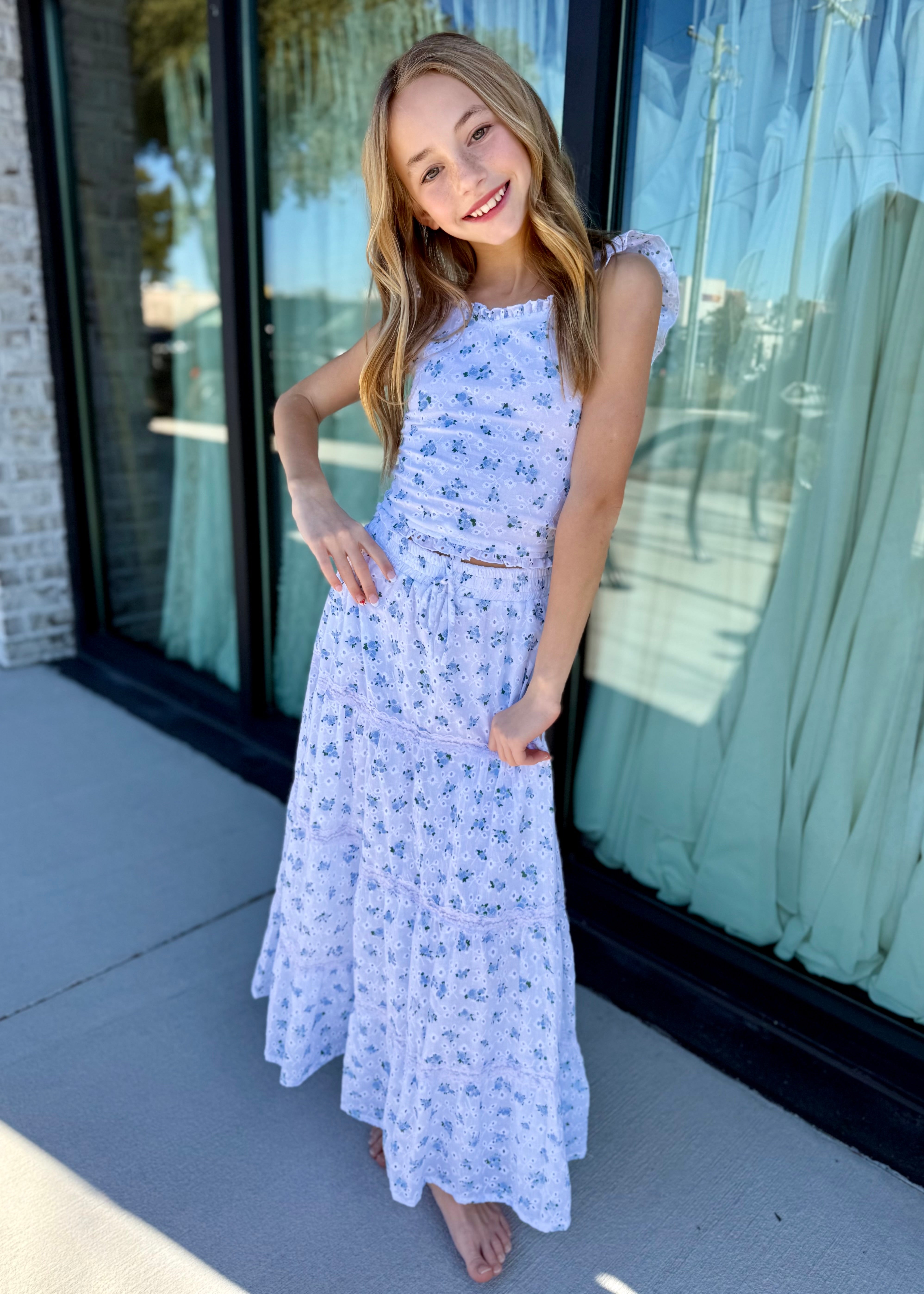 Meadow Blue Floral Top - Ruched Tank with Flutter Sleeves – Scraps Of Magic
