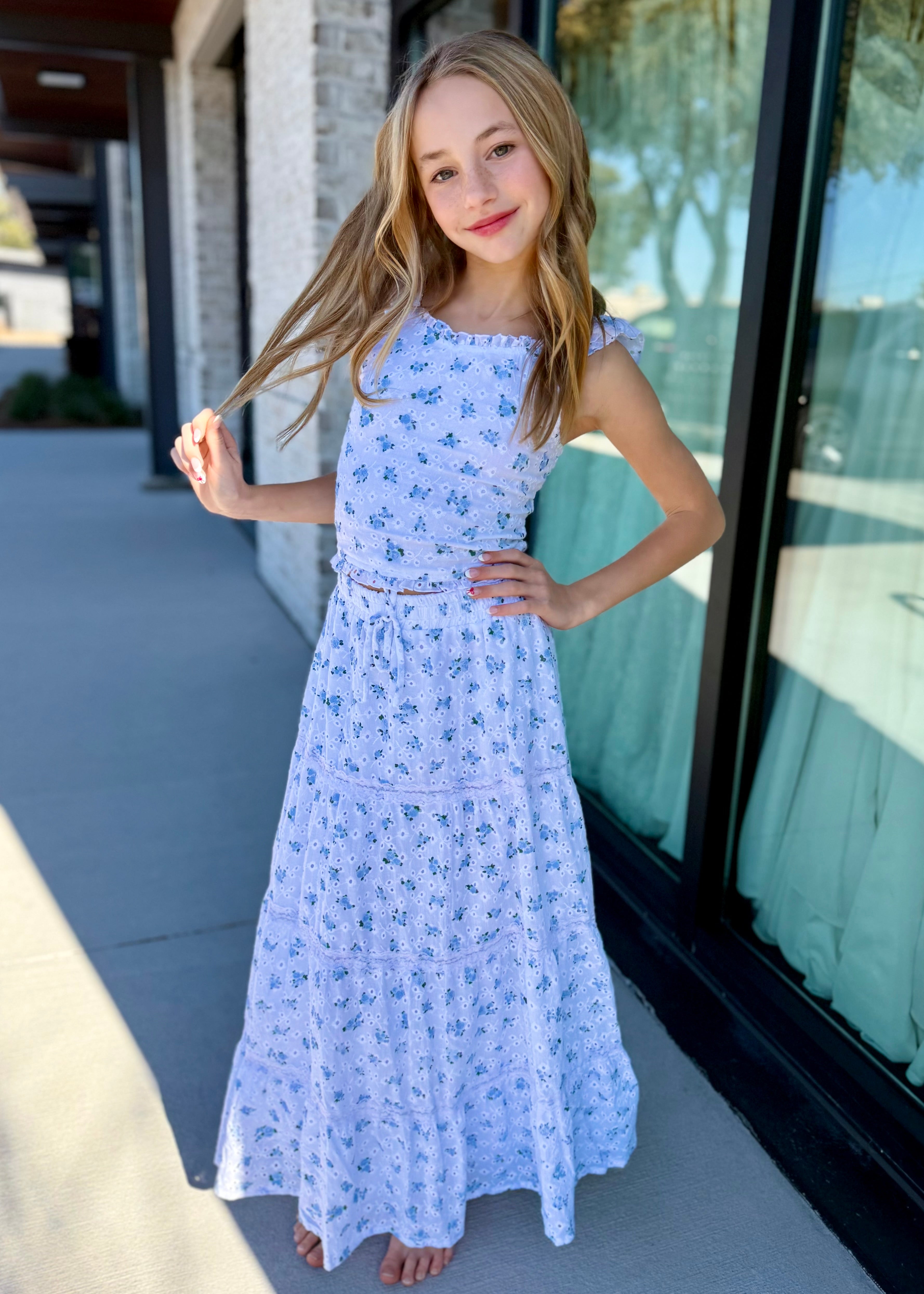 Meadow Maxi Skirt - Blue Floral Girls Skirt by FBZ – Scraps Of Magic